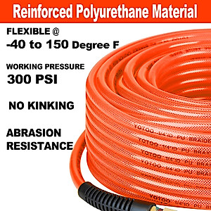 YOTOO Reinforced Polyurethane Air Hose 1/4" Inner Diameter by 100' Long, Flexible, Heavy Duty Air Compressor Hose with Bend Restrictor, 1/4" Swivel Industrial Quick Coupler and Plug, Red