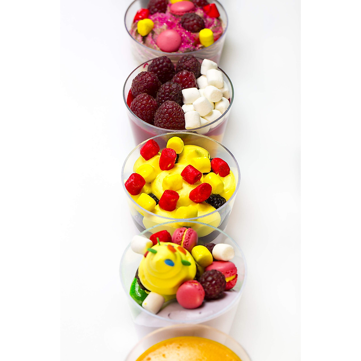 Round Shot Cups - 3 ounce - 100 Count - Spoons Included-Clear Plastic-Straight Wall Shot Glasses - Mini Cup - Dessert Cup - Tasting Sample - Party Shooters - Drink Shot Tumblers-Disposable or Reusable