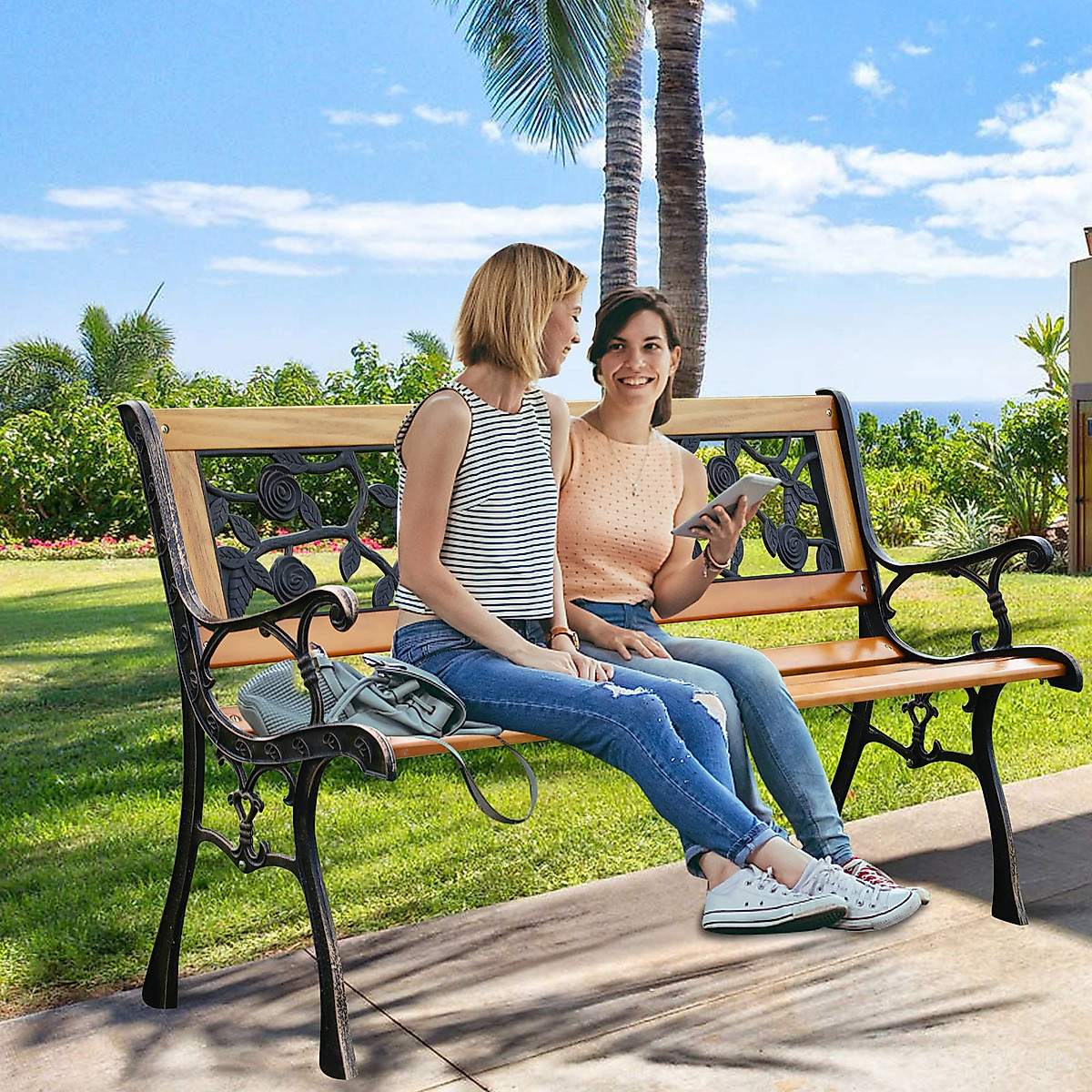 Ruesleag Garden Bench,32" Outdoor Patio Bench Metal and Wood Park Bench Porch Chair for Patio Yard Lawn (Bronze)