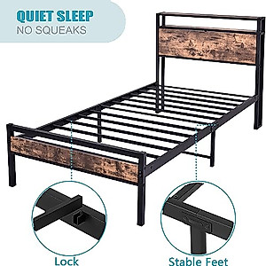 BITNUNU Twin Bed Frame with Headboard, Metal Platform Bed Frame with Sturdy Slat Support, No Box Spring Needed, 2-Tier Storage Headboard Shelf, Heavy Duty Feet, Easy Assembly (14-Inch, Twin)