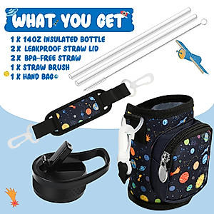 AEXPF Insulated Kids Water Bottle with Sleeve, 14 oz Double Wall Vacuum Stainless Steel Leakproof Thermos Water Bottle, Rainbow Pattern and Planet Pattern