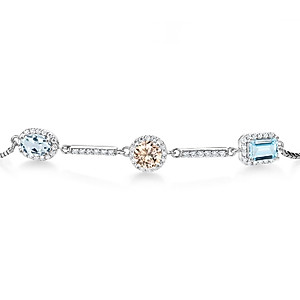 Gem Stone King 925 Sterling Silver Sky Blue Aquamarine Peach Morganite and Created Moissanite Tennis Bracelet For Women By Keren Hanan (1.73 Cttw, Fully Adjustable Up to 9 Inch)