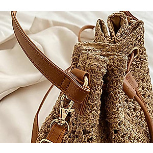 Obosoyo Women Straw Bucket Bags Drawstring Beach Bag Handwoven Crochet Tassel Purse Bohemian Shoulder Handbag