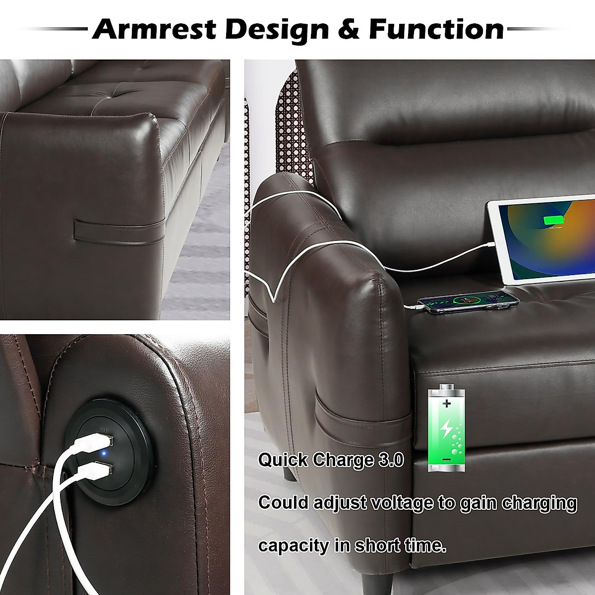 STHOUYN 85” Brown 3 Seater Couch with USB, Mid Century Modern Leather Sofas Couches for Living Room Small Spaces, Apartment Couch, Large Office Couch, Stain Resistant & 3 Tufted Cushion (Brown)