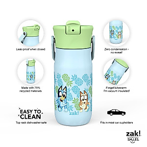Zak Designs Harmony Bluey Kid Water Bottle for Travel or At Home, 14oz Recycled Stainless Steel is Leak-Proof When Closed and Vacuum Insulated (Bluey, Bingo, Muffin)