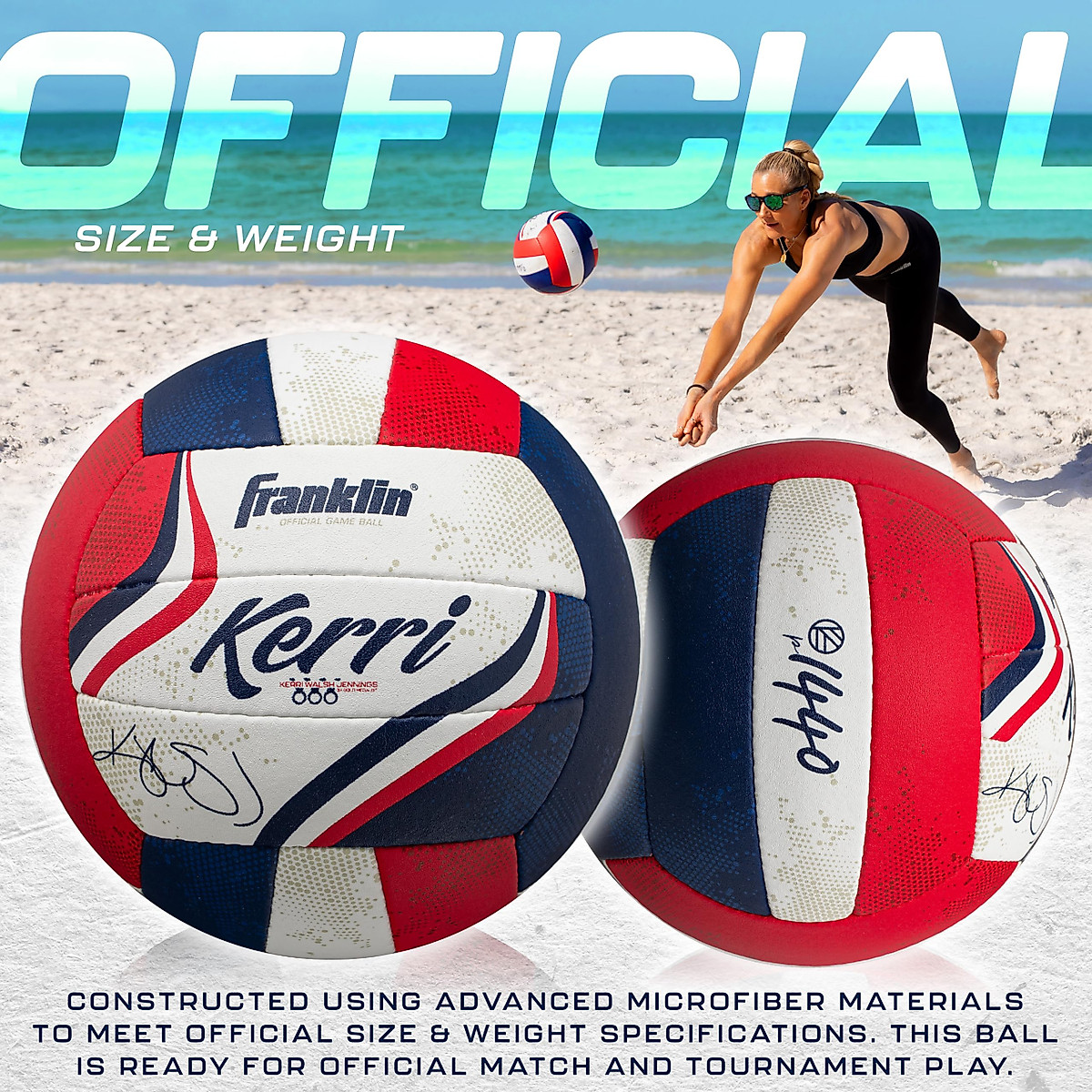 Franklin Sports Kerri Walsh Official Beach Volleyball - USA Colors Beach Volleyball - Official Size + Weight - Authentic Match Volleyball - Pump + Needle