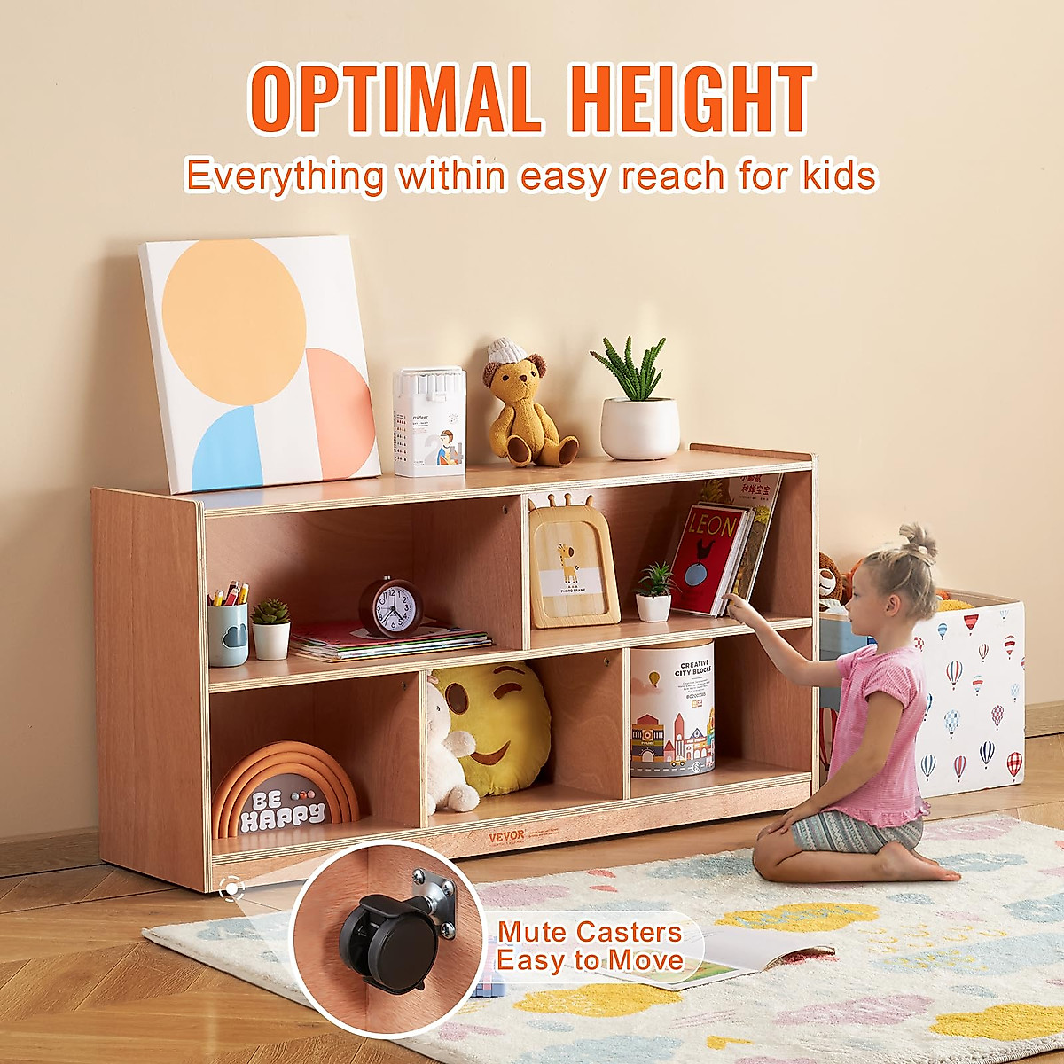 VEVOR Cubby Toy Organizer Storage Cabinet, 5-Compartment Cubby Storage Shelf, 48''W Kids Toy Storage Cabinet 2-Shelf, Classroom Cubbies, Classroom Furniture for Home, Daycare and Preschool, Natural