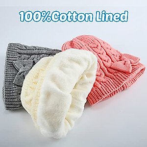 SATINIOR 3 Pieces Fleece Lined Baby Beanie with Bow, Infant Newborn Toddler Kids Winter Warm Knit Cap for Boys Girls (Beige, Pink, Grey,6-24 Months)