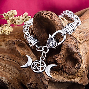 Triple Moon Goddess Amulet Wicca Pentagram Wheat Chain Bracelet for Women Men Pagan Jewelry