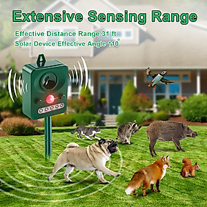 Solar Animal Repeller, Ultrasonic Animal Deterrent Rodent Repeller for Cat, Dog, Squirrel, Deer, Fox, Outdoor Animal Repellent with Motion Sensor and Led Light Alarm, Protect Yards, Lawn Gardens