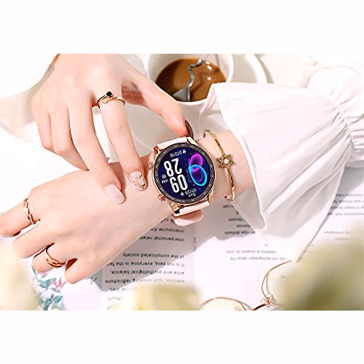 XYJ Smart Watch for Android Phones Compatible with iPhone 1.28 Inch Touch Screen Fitness Tracker with Heart Rate Monitor Blood Oxygen Saturation 5ATM Waterproof Smartwatch for Women Men (Color : F)