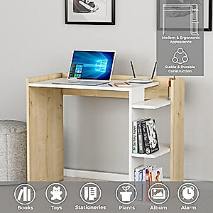 MODEAZY Ruby Multipurpose Modern Style Home Office Computer Desk, Room Decor, Storage Shelves Study Writing Table, White&Oak