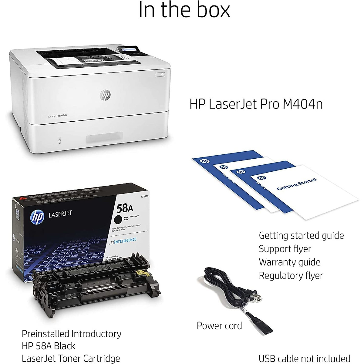 HP Laserjet Pro M404n Single-Function Wired Monochrome Laser Printer, White - Print only - 40 ppm, 4800 x 600 dpi, 256MB Memory, 8.5 x 14, Ethernet, Cbmou Printer_Cable