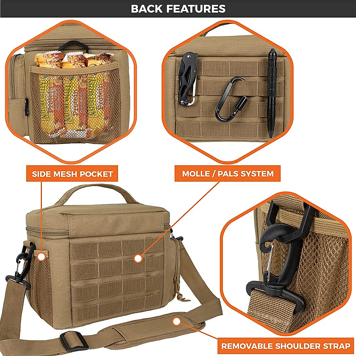 opux Tactical Lunch Box for Men, Insulated Lunch Bag for Men Adult, Large Soft Lunch Cooler with MOLLE Mesh Side Pockets, Heavy Duty Mens Tactical Lunchbox Pail for Work Meal Prep (Tan)