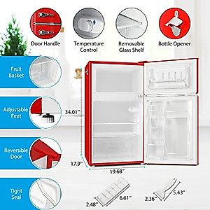 BANGSON Mini Fridge with Freezer, 3.2 CU.FT Small Refrigerator with Freezer, Door Handle, Bottle Opener, For Bedroom, Dorm, Office, Home, Garage or RV, (Red)…