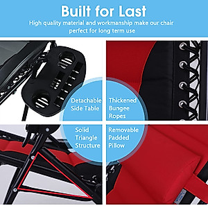 MAISON ARTS Oversized Padded Zero Gravity Lawn Chair Foldable Patio Recliner Anti Gravity Lounge Chair w/Pillow & Cup Holder Outdoor Camp Chair for Poolside Backyard Beach, Support 300lbs, Red