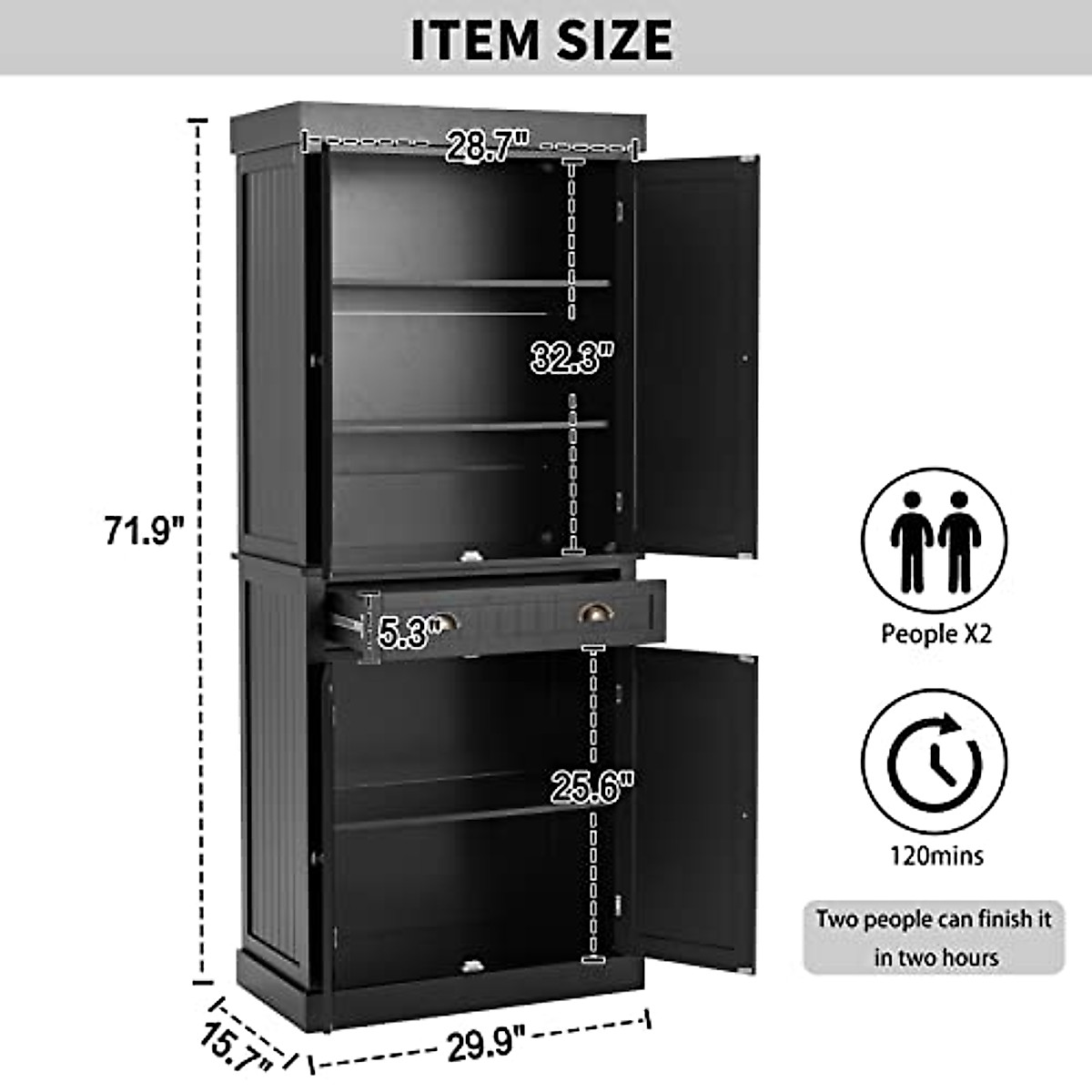 YOLENY Kitchen Pantry, 72” Freestanding Storage Cabinets with Doors and Shelves, Elegant Colonial Design Cabinet Cupboard with 3 Adjustable Shelves and 1 Storage Drawer,Black