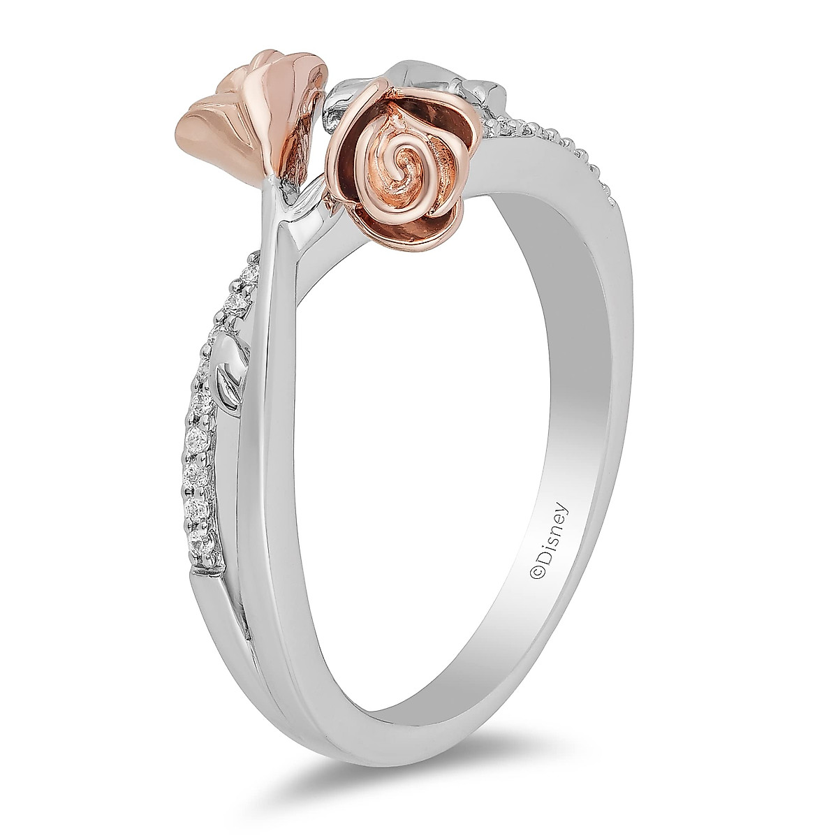 Jewelili Enchanted Disney Fine Jewelry 14k Rose Gold over Sterling Silver 1/10 Cttw Diamond Belle Rose Fashion Ring Size 7