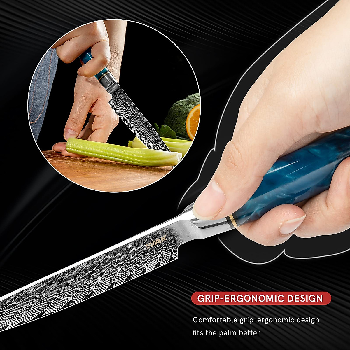 WAK Professional Sharp Kitchen Utility Knife 5 inch, High Carbon Stainless Steel Damascus Cooking Knife, Japanese Cutlery Knife with Non-stick Blade, Blue Resin Wood Ergonomic Handle