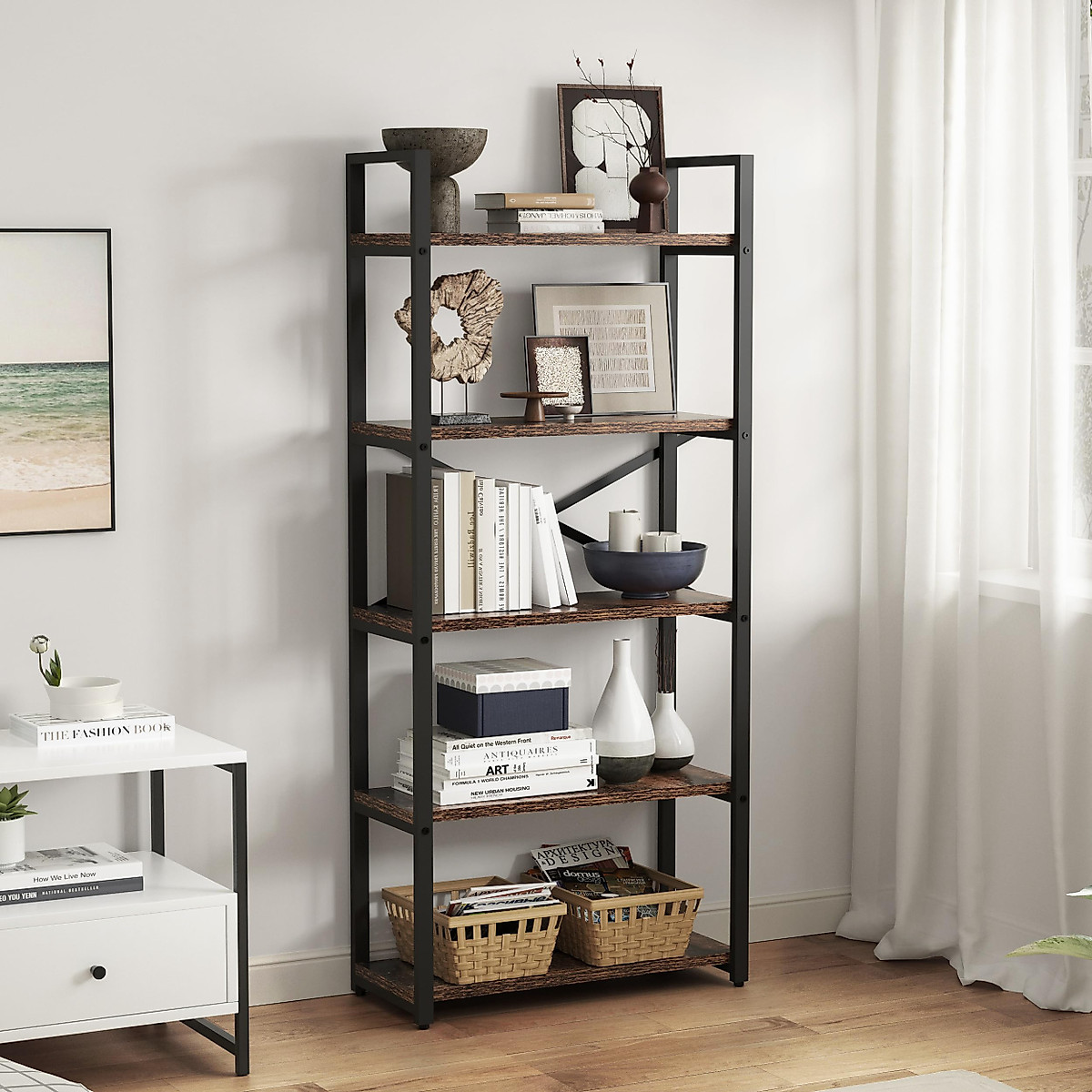 Acovy 5 Tier Bookshelf Rustic Industrial Style, Storage Shelves, Metal Book Shelves Bookcase Book Shelf Display Shelf for Home Office, Living Room, Bedroom, Kitchen (23.6" W, Brown)