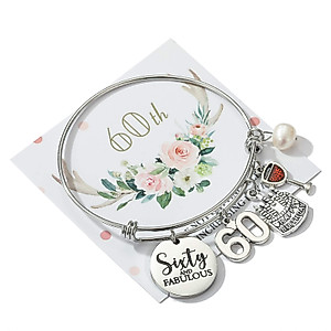 Miss Pink 60th Birthday Jewelry Gifts for Women Stainless Steel Expandable Bangle 60 Year Old Charm Bracelets for Daughter Granddaughter