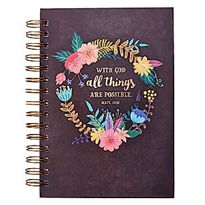 Christian Art Gifts Journal w/Scripture With God All Things Are Possible Mathew 19:26 Bible Verse Floral 192 Ruled Pages, Large Hardcover Notebook, Wire Bound