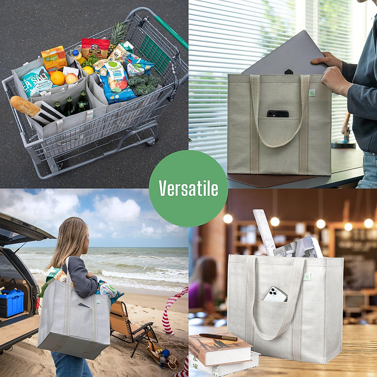 VENO 4 Pack Reusable Grocery Bags w/ Hard Bottom, Heavy-Duty Shopping Bags for Shopping Cart (Beige, 4 Pack)