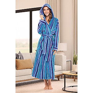 Alexander Del Rossa Women's Robes, Long Plush Bathrobe, Womens Robe with Hood, Hooded Robes for Women Plus Size Robe The Blues Striped XL (A0116ABQXL)