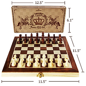 ASNEY Upgraded Magnetic Chess Set, 12” x 12” Folding Wooden Chess Set with Magnetic Crafted Chess Pieces, Chess Game Board Set with Storage Slots, Includes Extra Kings, Queens and Carry Bag