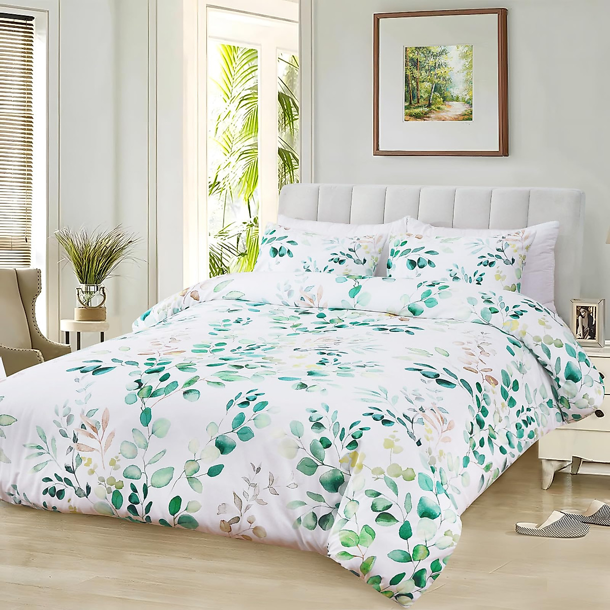Likiyol Duvet Cover Queen Size- Green Eucalyptus Leaves Plant Bedding Sets with Zipper Closure & Corner Ties, Soft Breathable Microfiber Comforter Cover 3Pcs(1 Duvet Cover 90''x90''+2 Pillowcases)