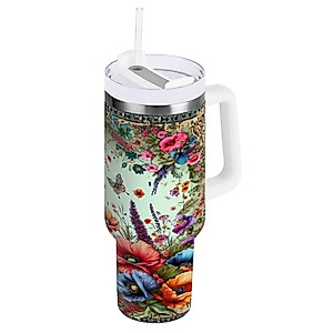 Maunzc 30 oz Tumbler with Handle and Straw, Insulated Stainless Steel Travel Mug with Lid for Coffee, Iced Tea, Water, Gift for Men Women (Butterflies and Herbs)