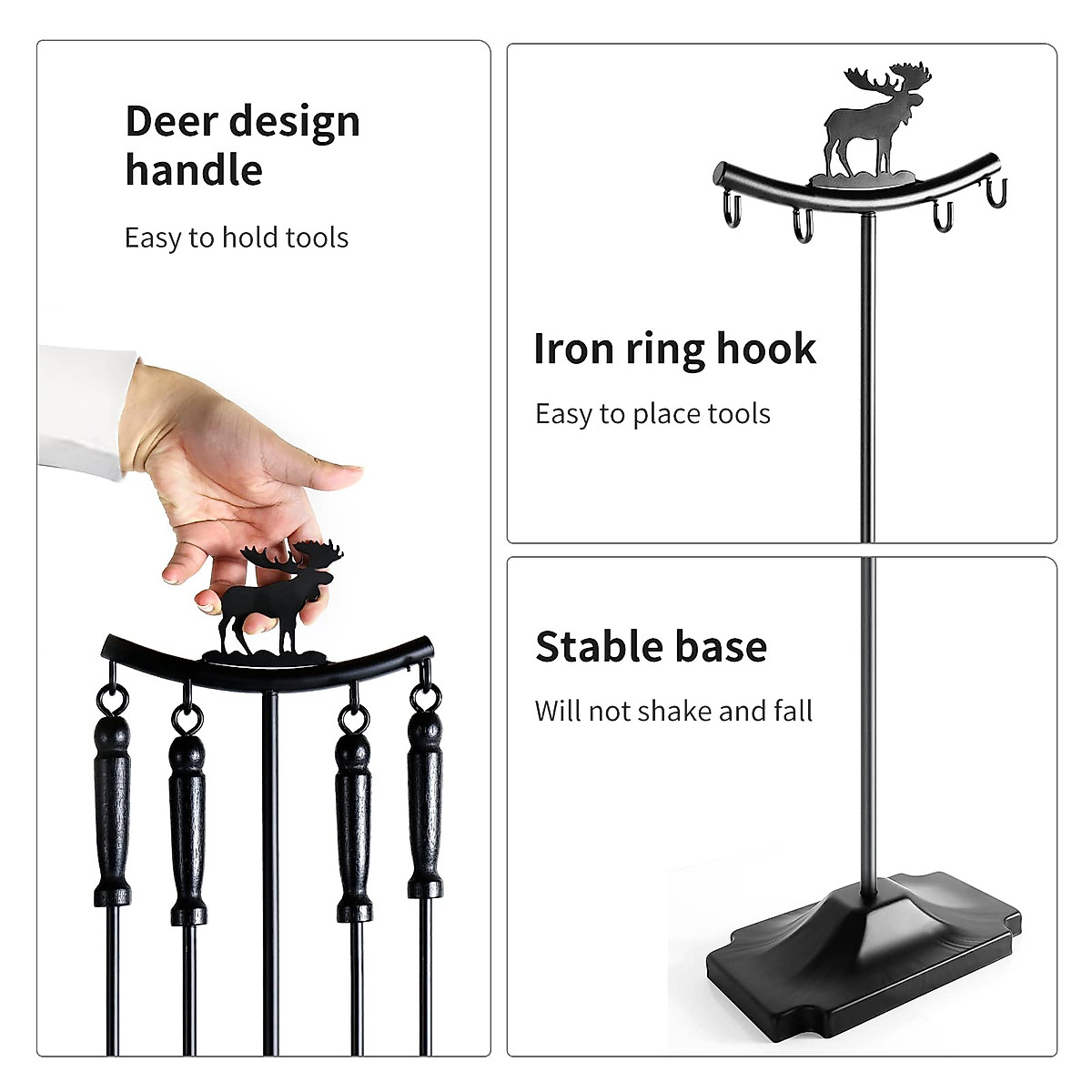 Firesrc 5Pcs Fireplace Tools Set Black Handle Wrought Iron and Holder Outdoor Fireset Fire Pit Stand Indoor Rustic Tongs Shovel Antique Brush Chimney Poker Wood Accessories Kit