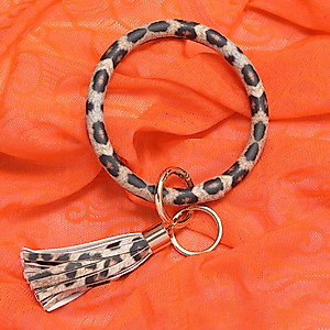 Coolcos Key Ring Bracelets Wristlet Keychain Bangle Keyring - Large Circle Leather Tassel Bracelet Holder For Women Gift (A Leopard)