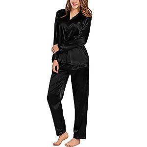 SWOMOG Women‘s Silk Satin Pajamas Set Long Sleeve Sleepwear Button Down Pjs Loungewear with Pocket Black