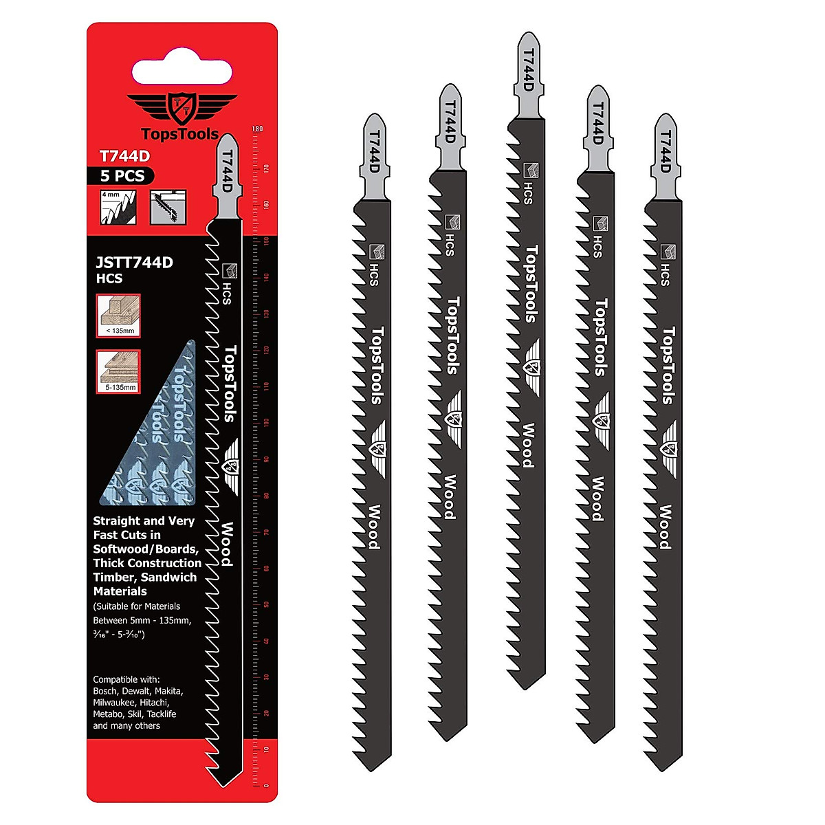 5 x TopsTools JSTT744D T744D 7-1/10" (180mm) Long Clean and Fast Cuts Wood Cutting Jigsaw Blades Compatible with Bosch, Dewalt, Makita, Milwaukee and many more