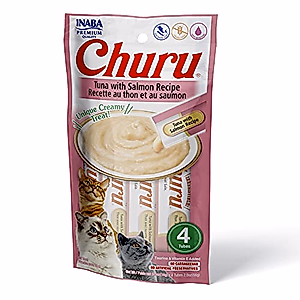 INABA Churu Cat Treats, Grain-Free, Lickable, Squeezable Creamy Purée Cat Treat/Topper with Vitamin E & Taurine, 0.5 Ounces Each Tube, 4 Tubes, Tuna with Salmon Recipe