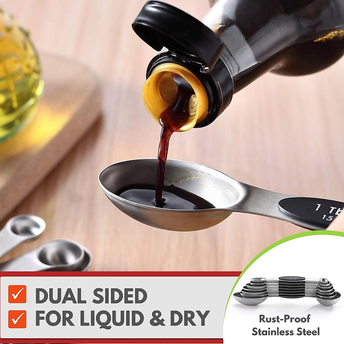 Spring Chef Magnetic Measuring Spoons Set, Dual Sided, Stainless Steel, Fits in Spice Jars, Black, Set of 8