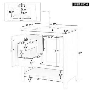 AnwickNomo 30" Bathroom Vanity with Sink Combo, Modern Multi-Functional Bathroom Cabinet with Doors and Drawers, Narrow Depth Bath Vanities,Solid Frame and MDF Board, Large Storage Space (White)