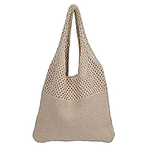 Sluxa Knit shoulder bag for women, beige knitted tote bag for women, Hippie casual aesthetic women tote bag