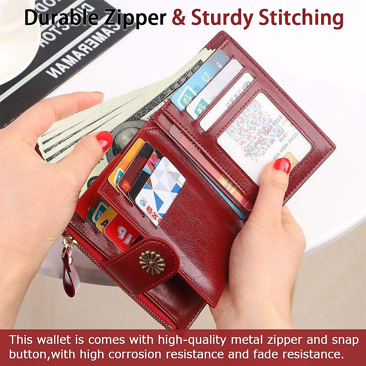 Dyeek Women Genuine Leather Wallet Short Wallet Ladies Purses Luxury Wax Leather Card Holder Large Capacity Multiple Card Position Zipper Coin Pocket(Wine Red) , Medium