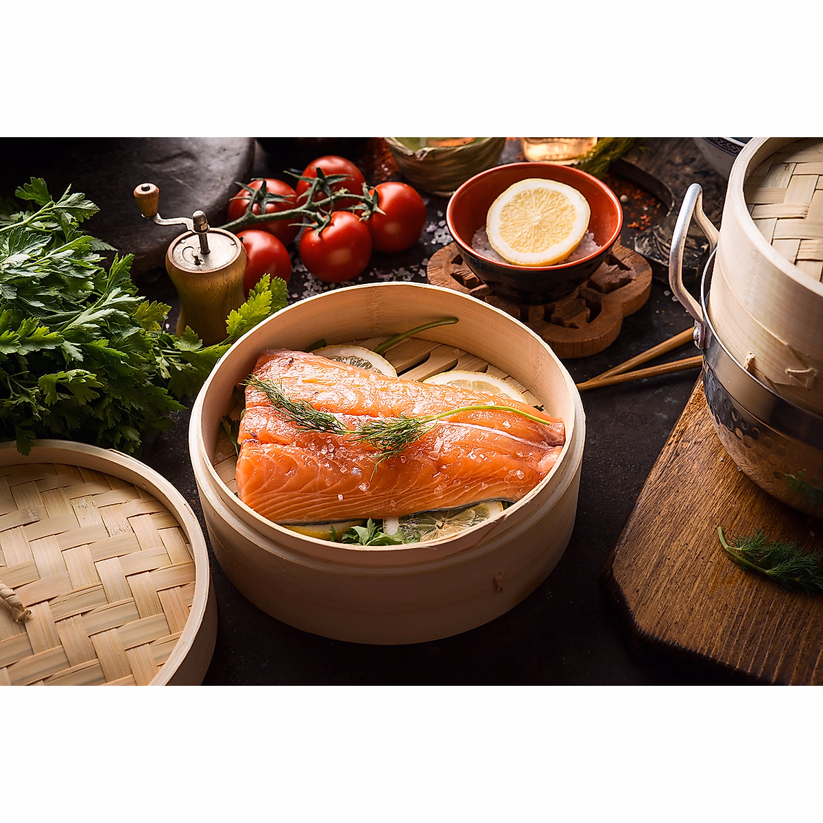 Bamboo Steamer for Cooking 10” -by DoSensePro Includes 2 Tiers, Stainless Steel Dumpling Maker, Liners, Ceramic Dish, and Bamboo Tongs. Dumpling Steamer Basket Cooker for Healthy Low-Fat Diet