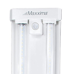 Maxxima 4 ft. Utility LED Motion Sensor Shop Light Fixture, 40 Watt, Linkable, Clear Lens 5000K Daylight 4600 Lumens, Plug in, Hardware Included, LED Garage Light Energy Star
