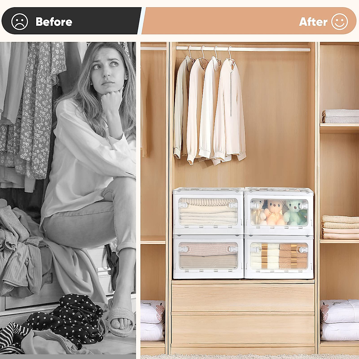 4 Pack Closet Organizers and Storage 8.4 Gal, Collapsible Storage Bins, Storage Bins with Lids and Wheels, Stackable Closet Organizer Trunk Car Organizer, Plastic Foldable Box for Home Dorm Room