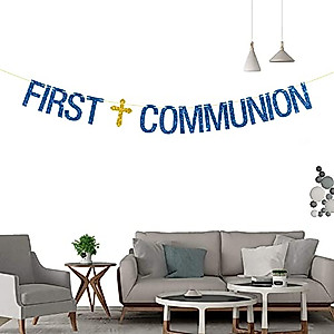 Royal Blue Glitter First Communion Banner - God Bless Banner - Kid's First Communion Party Decorations