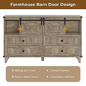 Hasuit Farmhouse 6 Drawers Dresser for Bedroom, Retro Chest of Drawers with Sliding Barn Door, Bedroom Long Storage Dressers Organizer, Rustic Oak