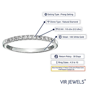 Vir Jewels 1/5 carat (ctw) Diamond Wedding Anniversary Band for Women, Half Eternity Round Diamond Engagement Ring 14K White Gold Prong Pave Set 0.20 cttw, Size 8