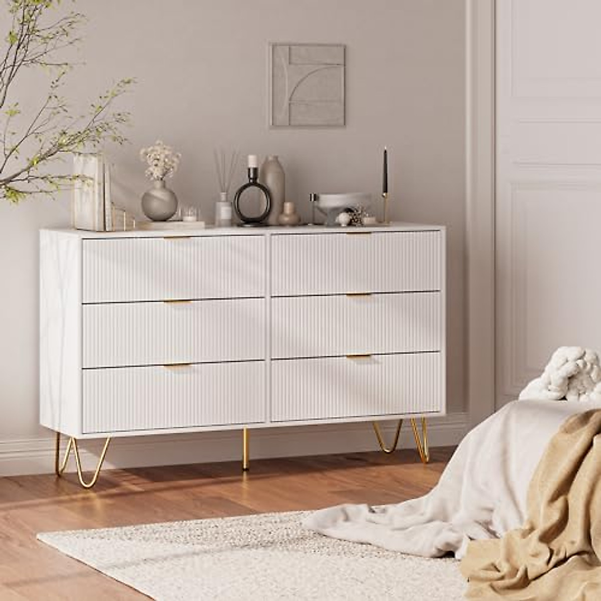 Aobafuir 6 Drawer Dresser, Drawer Chest, Tall Storage Dresser Chest Cabinet Organizer Unit with Metal Legs, Large Dresser for Bedroom, Living Room, Closet, Hallway White Stripe