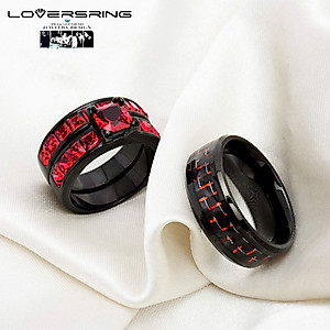 LOVERSRING Two Rings His and Hers Couple Ring Bridal Set His Hers 3pc Women Black Gold Filled Red Cz Man Stainless Steel Wedding Ring Band Set