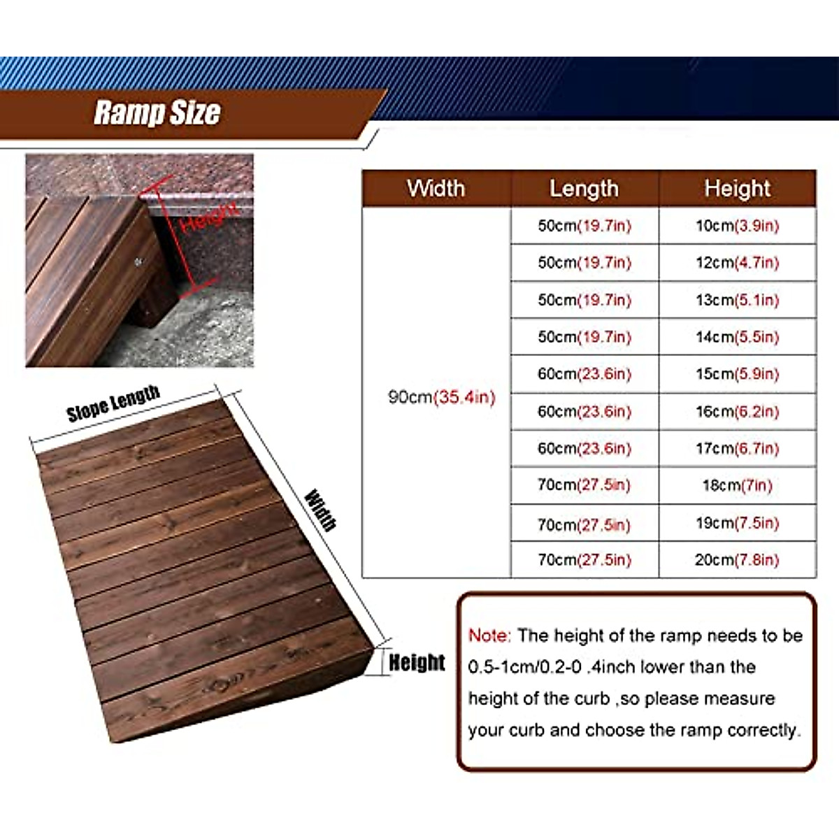 GUENZO Threshold Ramp, Wheelchair Ramps for Thresholds Curb Steps, Wood Heavy Duty Transition Ramp for Patio Door Back Yard Home, Anti-Slip Surface (Size : 90x70x19cm/35.4x27.5x7.5in)