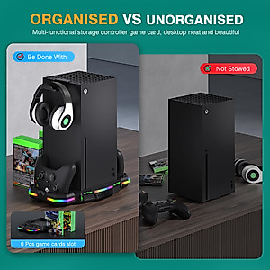 Wiilkac Vertical Cooling Fan Stand and Dual Controller Charging Station for Xbox Series X with RGB Color Lights/USB Ports, 3-Level Fan Cooling System with 2 x 1400 mAh Rechargeable Battery